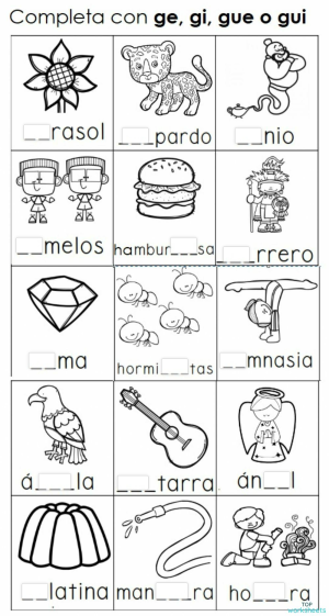 Completar con ge, gi, gue o gui. Ficha interactiva | TopWorksheets