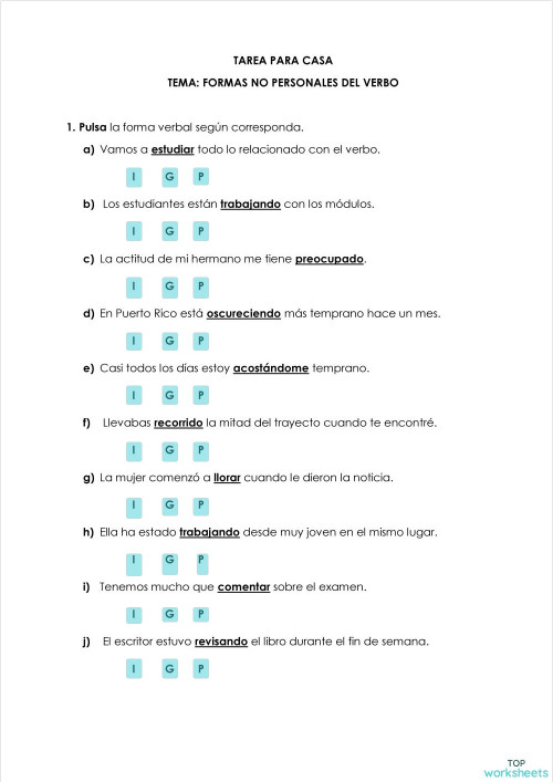TAREA PARA CASA - FORMAS VERBALES NO PERSONALES. Ficha interactiva ...