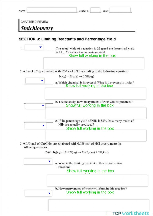 Limiting reactant and percentage yield. Interactive worksheet ...
