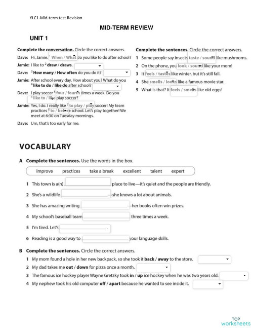 YLC1 - Midterm review. Interactive worksheet | TopWorksheets