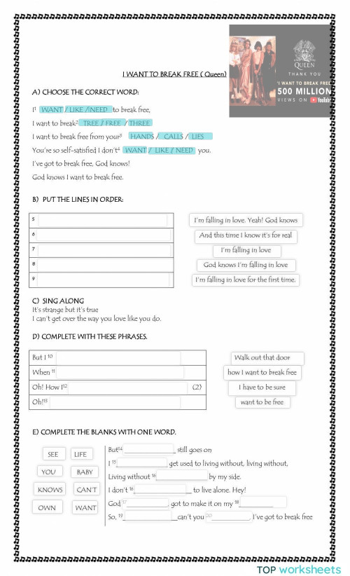 I want to break free interactive. Interactive worksheet | TopWorksheets