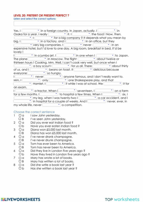 Level 20 preterite or present perfect. Interactive worksheet ...