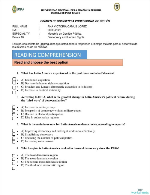 EXÁMEN DE SUFICIENCIA ANA VICTORIA CAMUS LOPEZ. Interactive worksheet ...