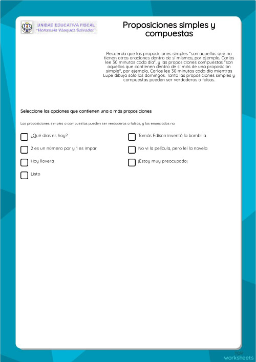 Proposiciones simples y compuestas. Ficha interactiva | TopWorksheets