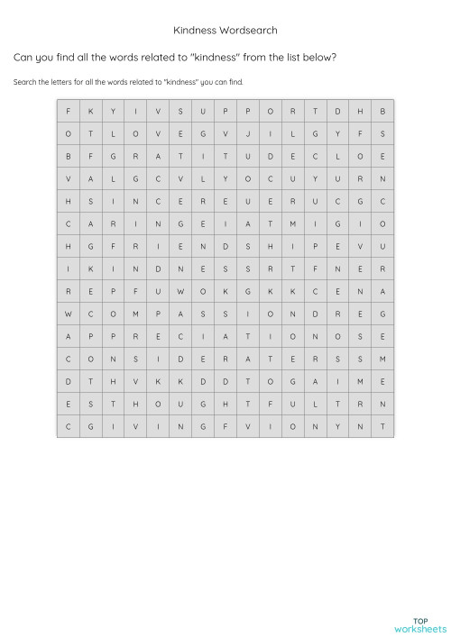 Kindness Wordsearch. Interactive worksheet | TopWorksheets