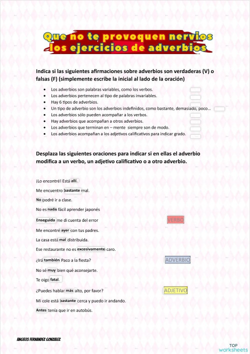No pierdas los nervios repasando los adverbios. Ficha interactiva | TopWorksheets
