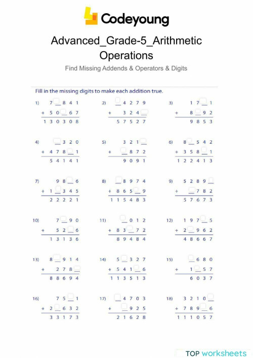 Advanced-Find Missing Addends & Operators & Digits. Interactive ...