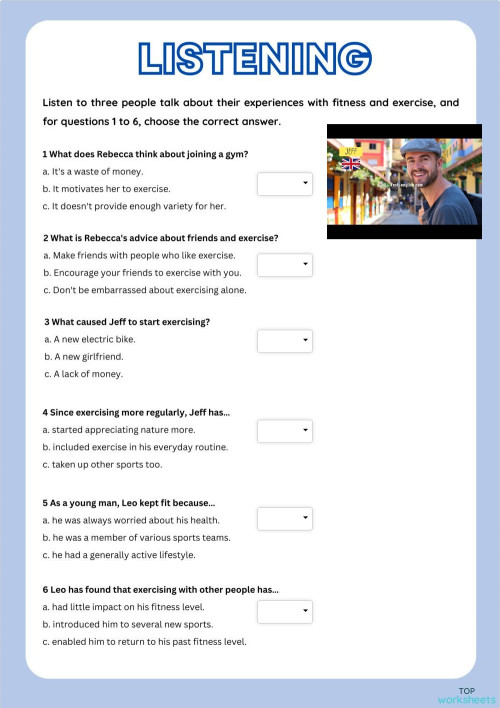 LISTENING: FITNESS AND EXERCISE. Bài tập tương tác | TopWorksheets
