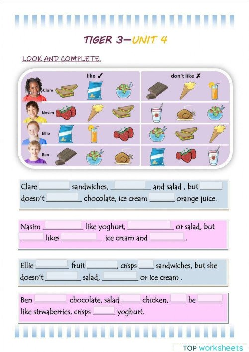 TIGER 3 - UNIT 4 - FOOD - likes - doesn't like. Interactive worksheet ...
