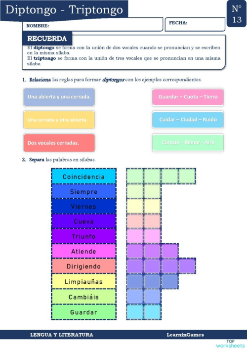 Diptongo y Triptongo. Ficha interactiva | TopWorksheets