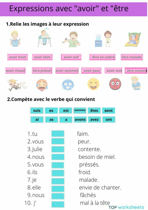 Expressions avec avoir et être. Fiche interactive | TopWorksheets