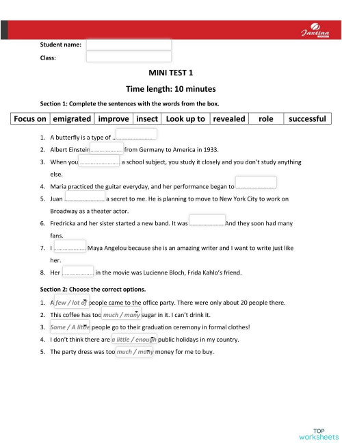 MINI TEST 1-MOCK TEST (TC). Interactive worksheet | TopWorksheets
