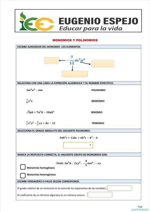 MONOMIOS Y POLINOMIOS. Ficha interactiva | TopWorksheets