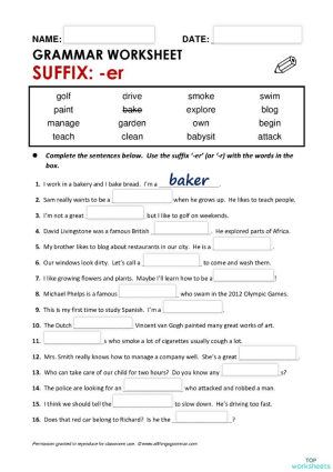 Suffix er and or. Interactive worksheet | TopWorksheets