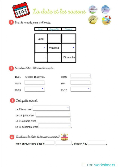 La date et les saisons. Fiche interactive | TopWorksheets
