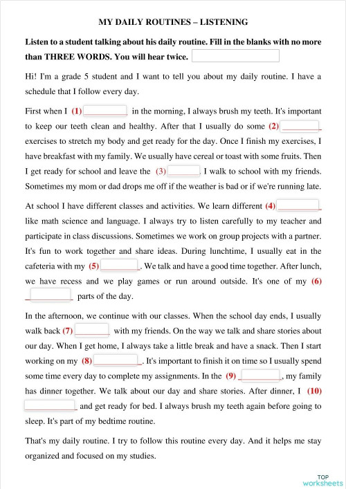 My daily routine - Listening. Interactive worksheet | TopWorksheets