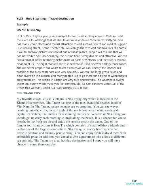 YLC1 – Unit 4 (Writing) – Travel destination. Interactive worksheet ...