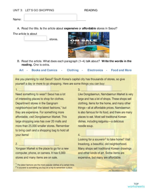 READING - SHOPPING. Interactive worksheet | TopWorksheets
