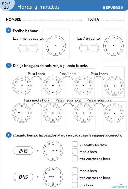 HORAS EN PUNTO Y MEDIA. Ficha interactiva | TopWorksheets
