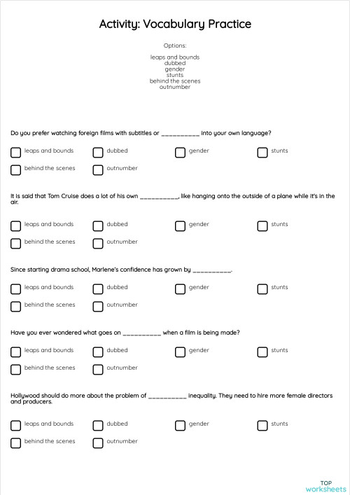 Activity: Vocabulary Practice. Interactive worksheet | TopWorksheets