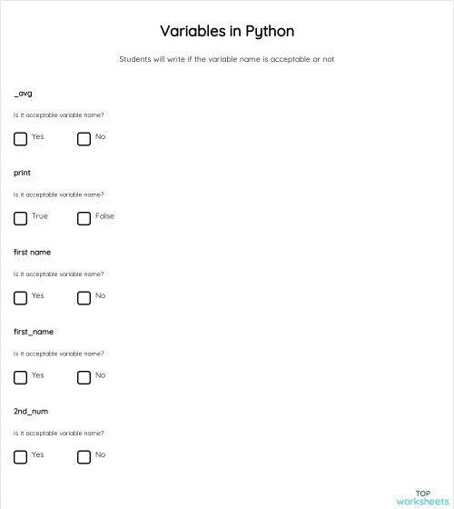 Variables in Python. Interactive worksheet | TopWorksheets