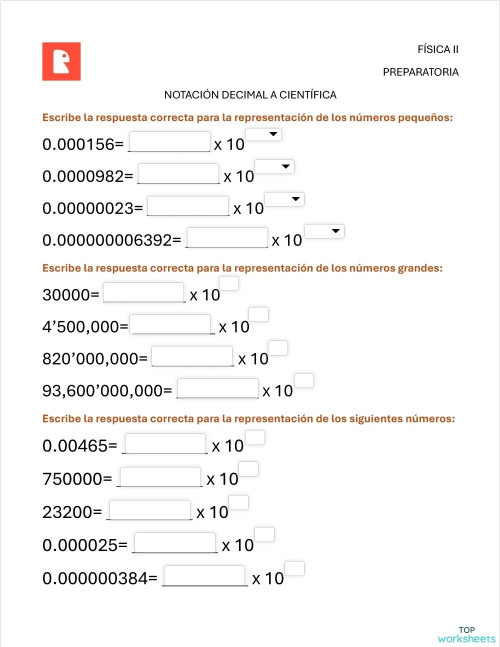 Notación decimal a científica. Ficha interactiva | TopWorksheets