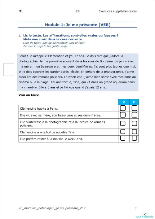 2B_M1.1_oefeningen_je me présente_VER. Fiche interactive | TopWorksheets