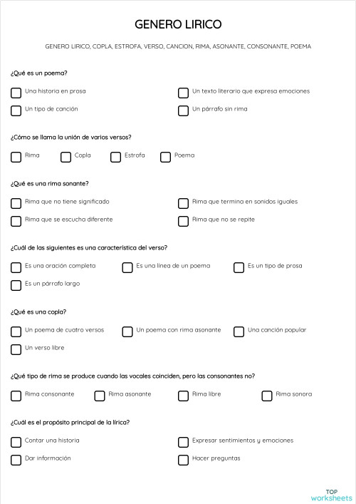 GENERO LIRICO. Ficha interactiva | TopWorksheets