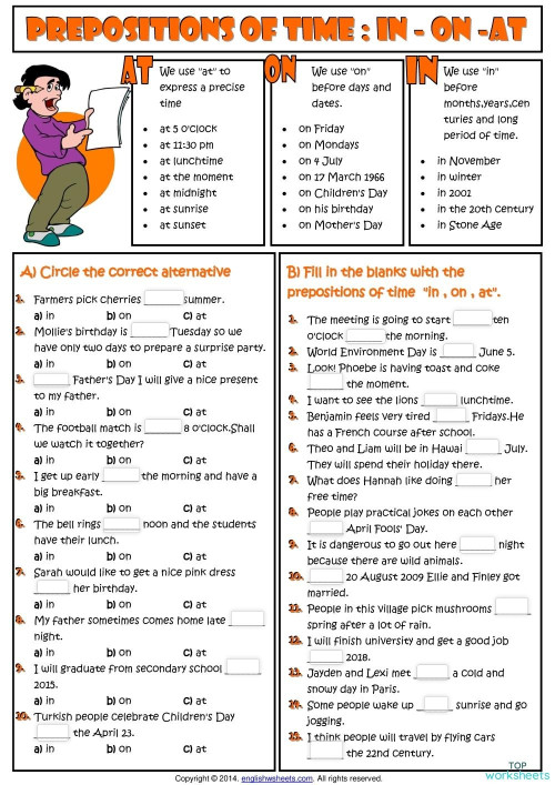 Prepositions of Time: in, on, at. Interactive worksheet | TopWorksheets