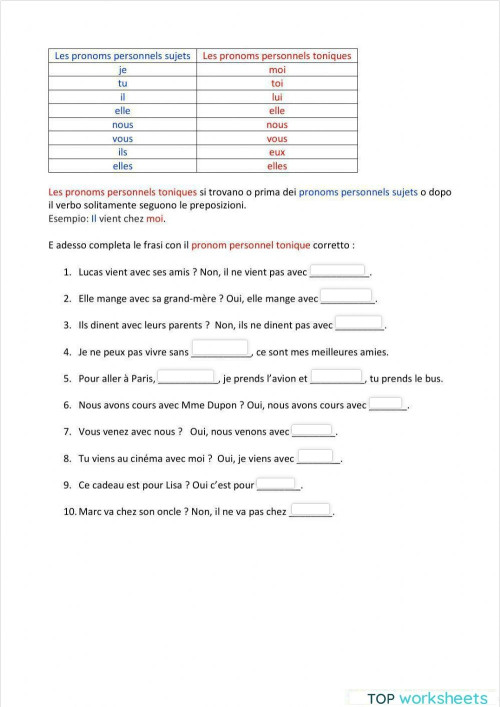 Les pronoms personnels toniques. Fiche interactive | TopWorksheets