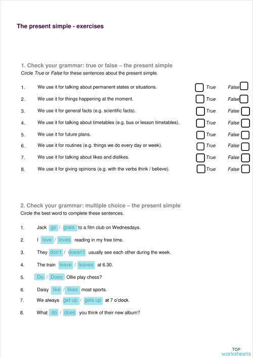 Present Simple - Quiz. Interactive worksheet | TopWorksheets