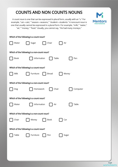 COUNTS AND NON COUNTS NOUNS. Interactive worksheet | TopWorksheets