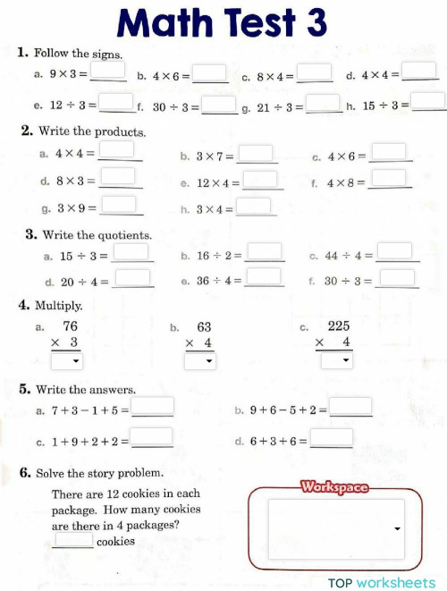 Math Test 3. Interactive worksheet | TopWorksheets
