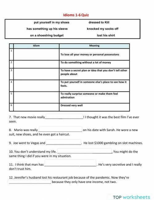 Idioms Quiz 1-6. Interactive worksheet | TopWorksheets