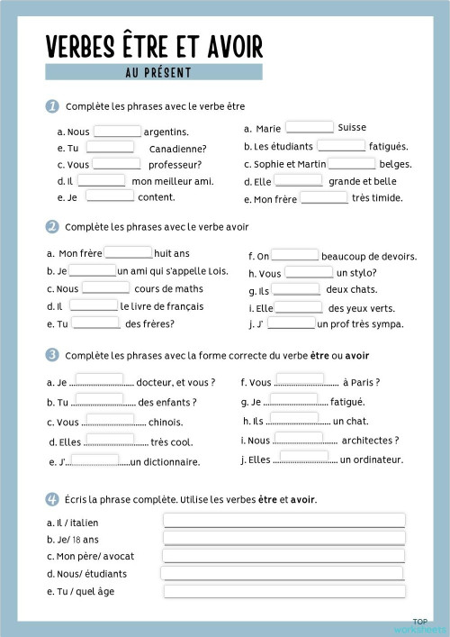 Verbes être et avoir. Ficha interactiva | TopWorksheets