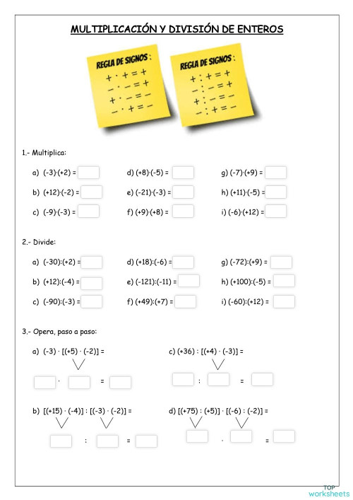 Multiplicación y División de Enteros. Ficha interactiva | TopWorksheets