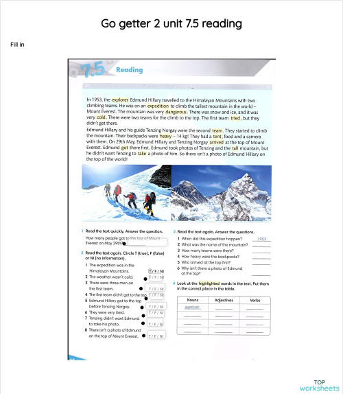 Go getter 2 unit 7.5 reading. Interactive worksheet | TopWorksheets