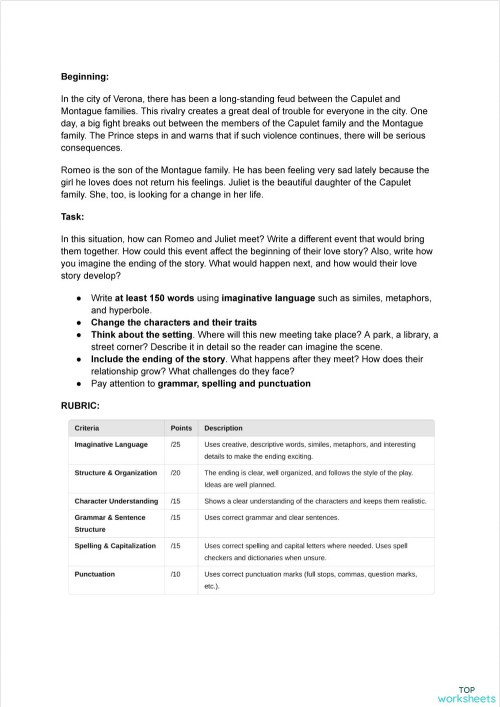 Writing Task- Romeo and Juliet. Interactive worksheet | TopWorksheets
