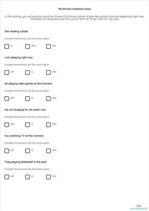 The Present Continuous Tense. Ficha interactiva | TopWorksheets