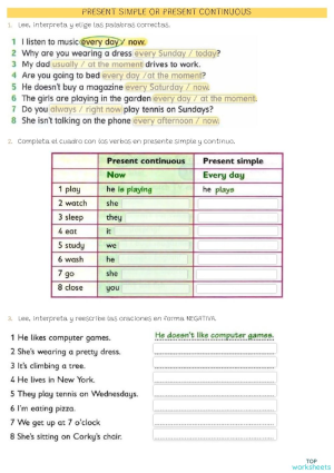Present Simple and Present Continuous. Interactive worksheet ...