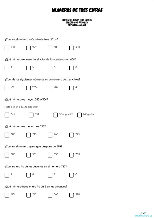 NUMEROS DE TRES CIFRAS. Ficha interactiva | TopWorksheets