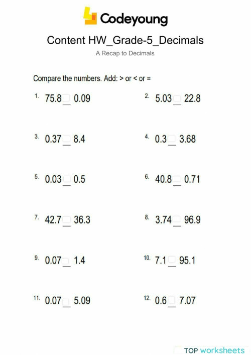 Content-HW-A Recap to Decimals. Interactive worksheet | TopWorksheets