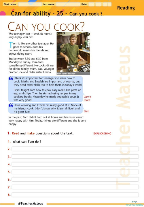 Can for ability - 25 - Can you cook ? - Reading - TM0378. Interactive ...