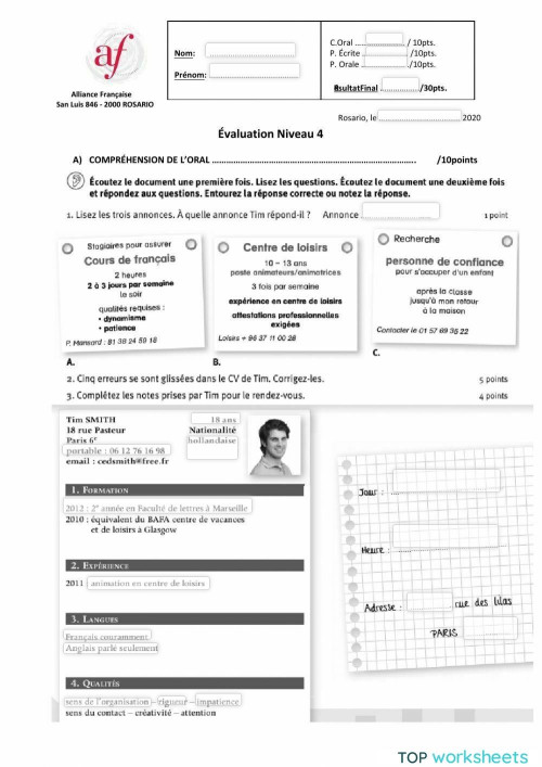 Évaluation Niveau 4. Fiche interactive | TopWorksheets