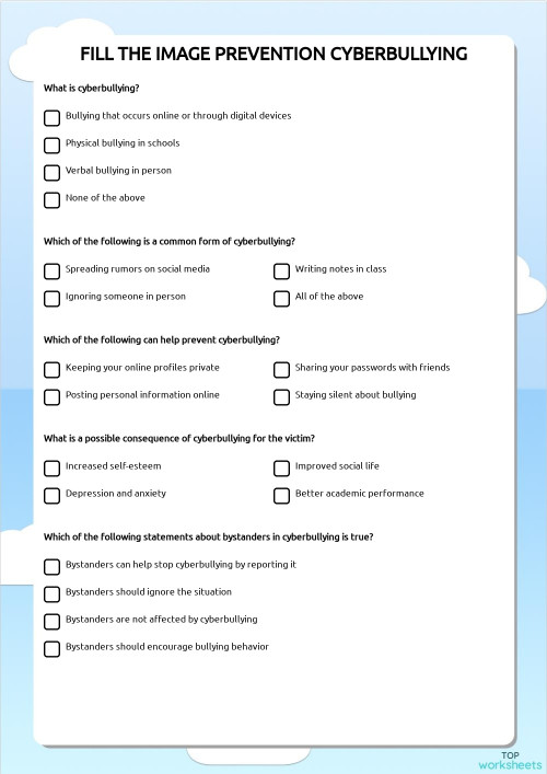 FILL THE IMAGE PREVENTION CYBERBULLYING. Interactive worksheet ...