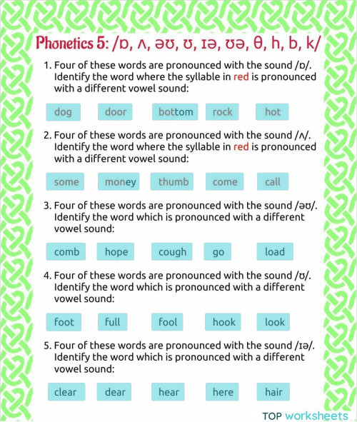 Phonetics 5: ɒ, ʌ, əʊ, ʊ, ɪə, ʊə, θ, h, b, k. Interactive worksheet | TopWorksheets