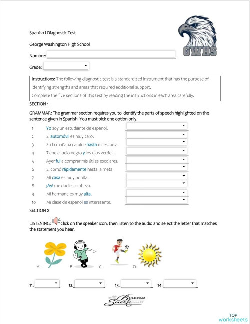 SPANISH 1 DIAGNOSTIC TEST. Ficha interactiva | TopWorksheets