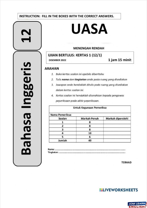 UASA(Form 1-3)- Reading Part 1 -. Interactive worksheet | TopWorksheets