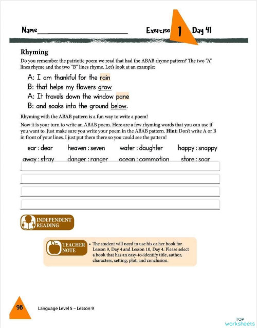Lesson 9: Rhyming Pg 98 Ex 1. Interactive worksheet | TopWorksheets