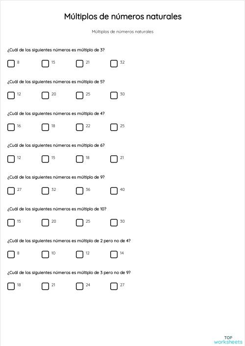 Múltiplos de números naturales. Ficha interactiva | TopWorksheets